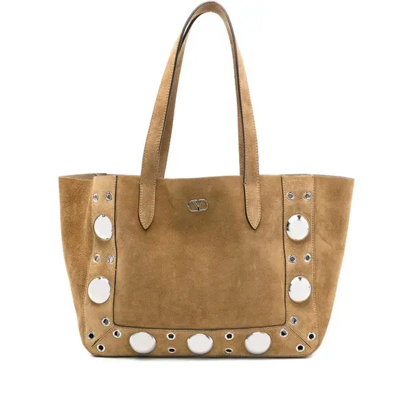Valentino Garavani Suede Tote Bag With Metallic Eyelets And Studs - Cream