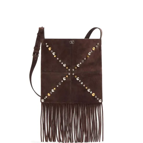 Valentino Garavani Studded Suede Shoulder Bag With Fringe - Brown