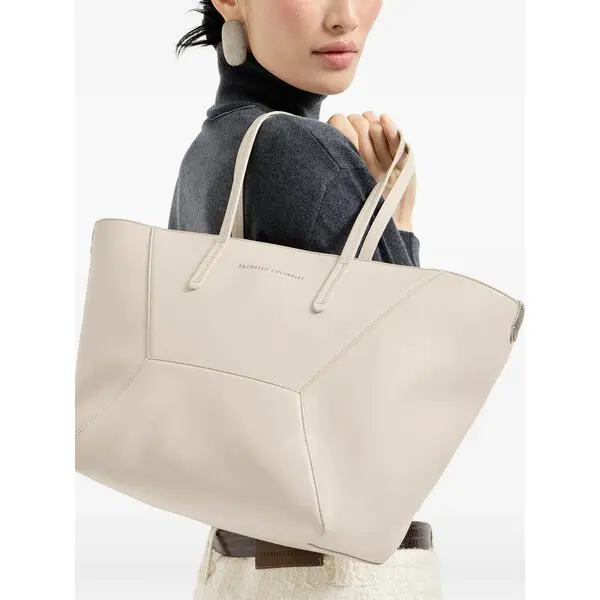 Brunello Cucinelli Leather Tote Bag With Monili Embroidery - Cream