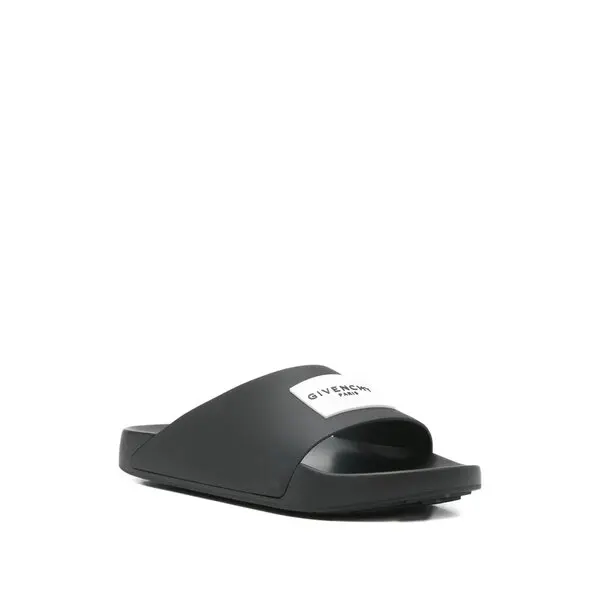 Givenchy Logo Detail Open Toe Flat Sole Slides - Black