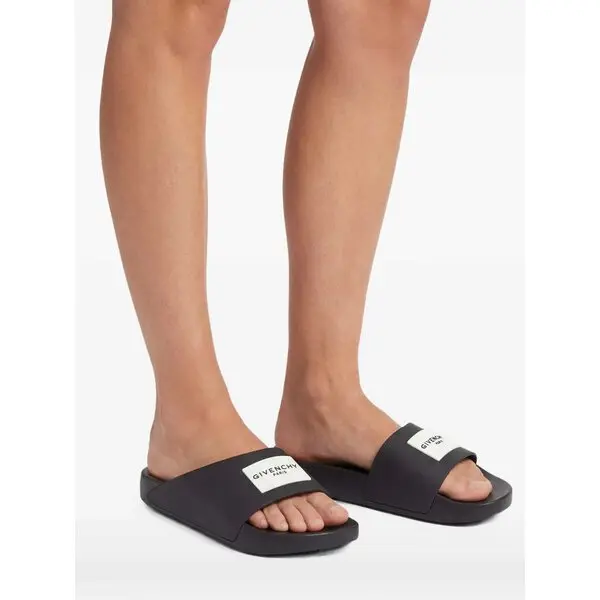 Givenchy Logo Detail Open Toe Flat Sole Slides - Black