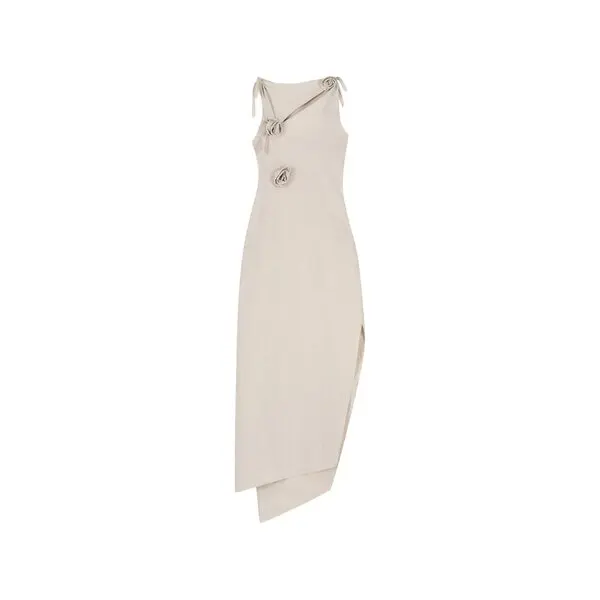 Coperni Beige Linen Rosette Detail Asymmetric Maxi Dress - Cream