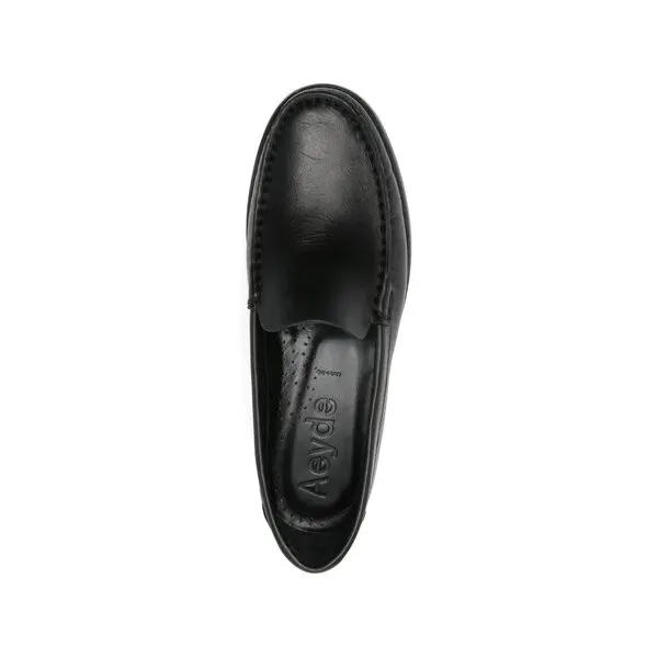 AeydĒ Leather Slip-on Loafers With Almond Toe And Stacked Heel - Black