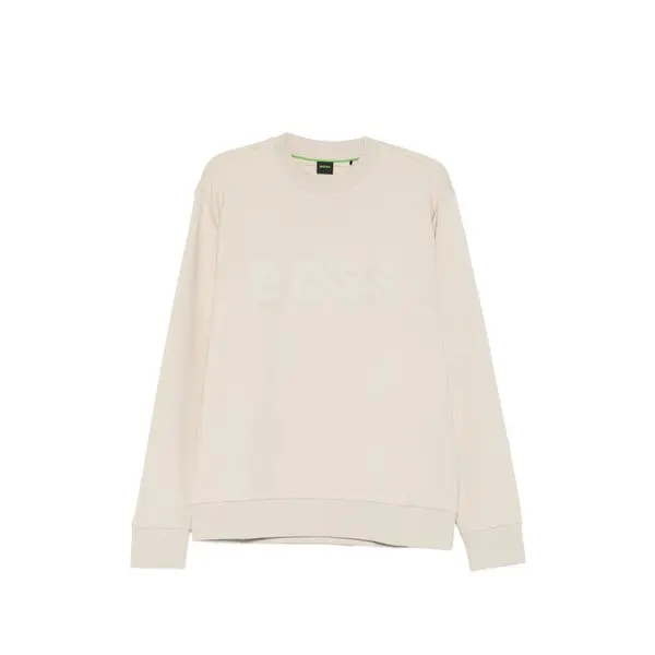 BOSS Crew Neck Long Sleeve Sweatshirt With Embossed Logo - Cream