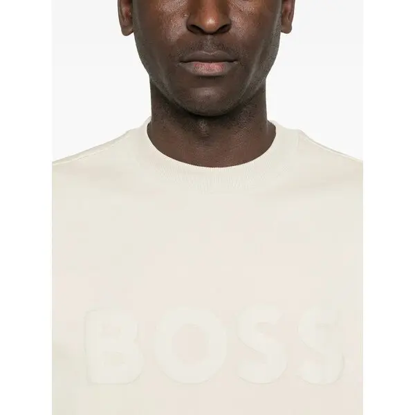BOSS Crew Neck Long Sleeve Sweatshirt With Embossed Logo - Cream