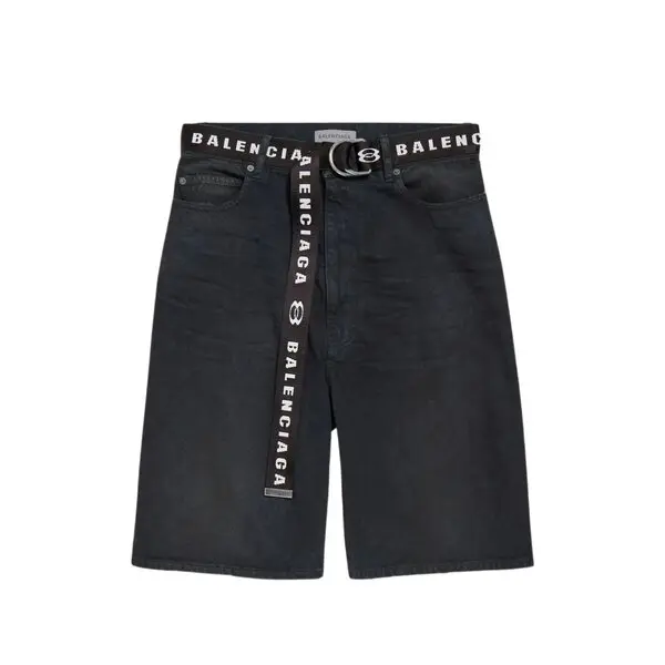 Balenciaga Denim Shorts With Logo Waistband - Black