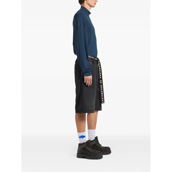 Balenciaga Denim Shorts With Logo Waistband - Black