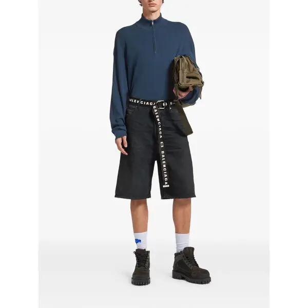 Balenciaga Denim Shorts With Logo Waistband - Black