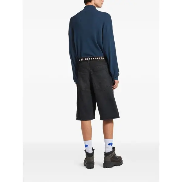Balenciaga Denim Shorts With Logo Waistband - Black