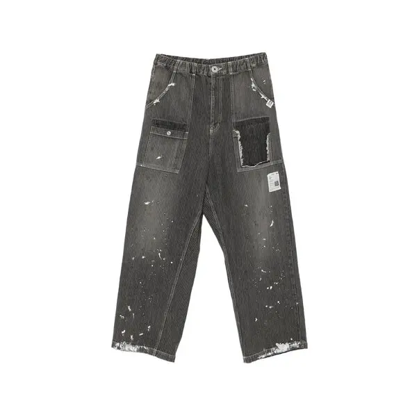 Mihara Yasuhiro Grey Pinstriped Wide-leg Jeans With Paint Splatter Detail