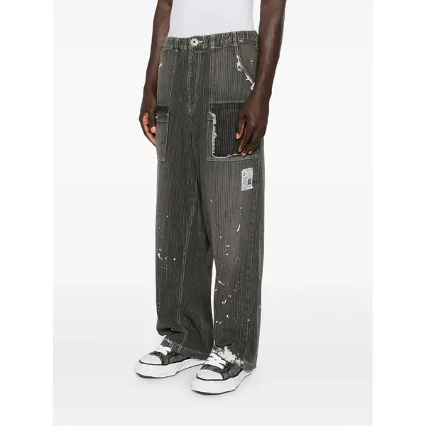 Mihara Yasuhiro Grey Pinstriped Wide-leg Jeans With Paint Splatter Detail