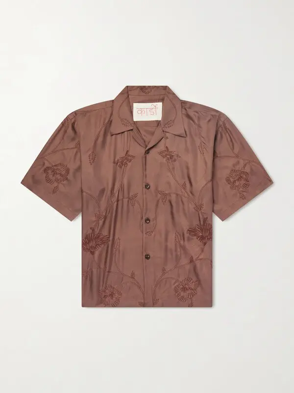 KARDO Rohit Convertible-collar Floral-embroidered Silk-satin Shirt - Brown