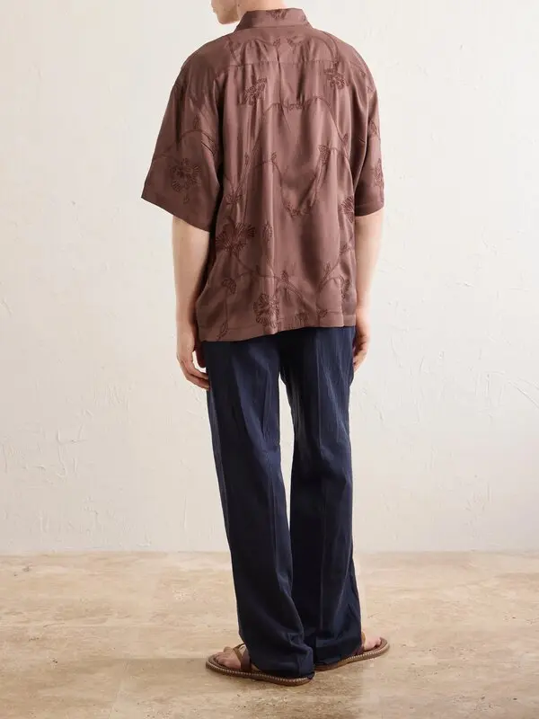 KARDO Rohit Convertible-collar Floral-embroidered Silk-satin Shirt - Brown