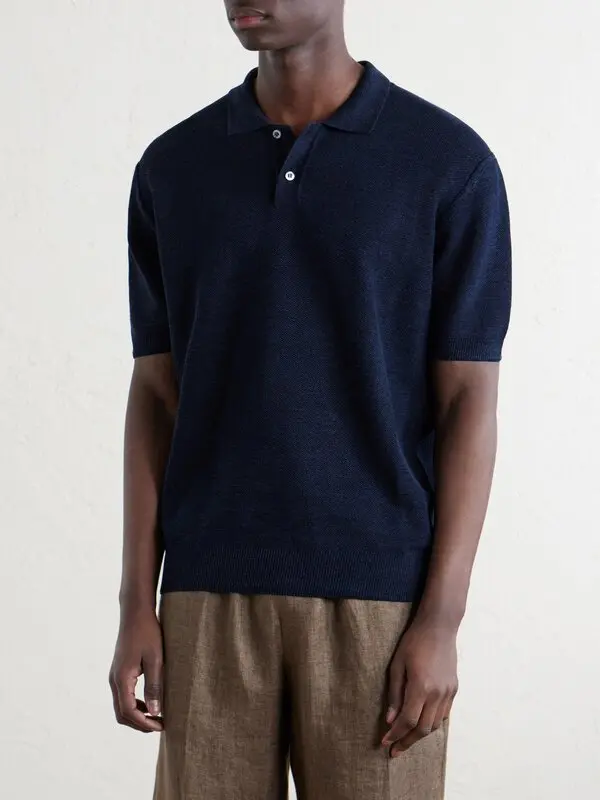 Sunspel Honeycomb-knit Linen And Silk-blend Polo Shirt - Blue
