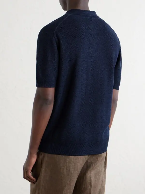 Sunspel Honeycomb-knit Linen And Silk-blend Polo Shirt - Blue