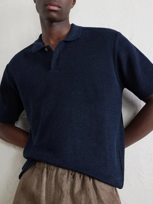 Sunspel Honeycomb-knit Linen And Silk-blend Polo Shirt - Blue
