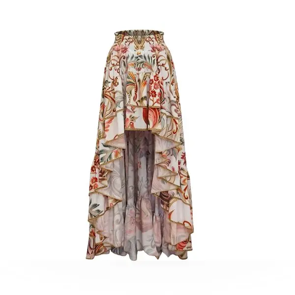 GLAM ON YOU Zsolnay High-low Tiered Ruffle Skirt With Floral Print And Gold Beaded Trim