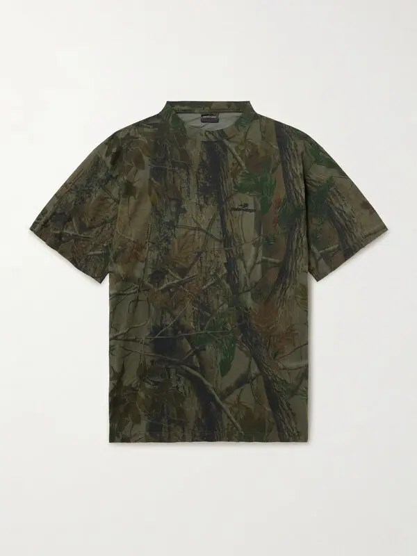 Balenciaga Logo-embroidered Camouflage-print Cotton-jersey T-shirt - Green