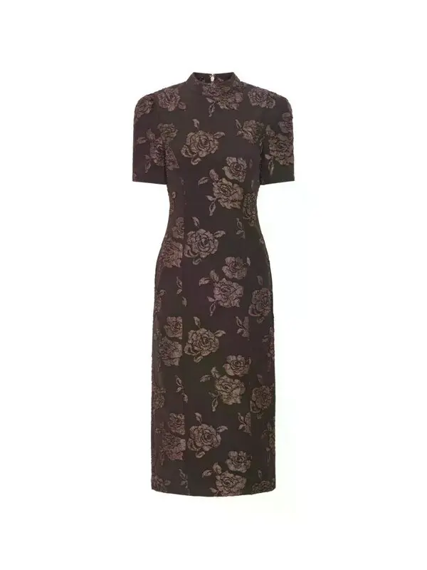 ROTATE BY BIRGER CHRISTENSEN Floral Jacquard Midi Dress - Brown