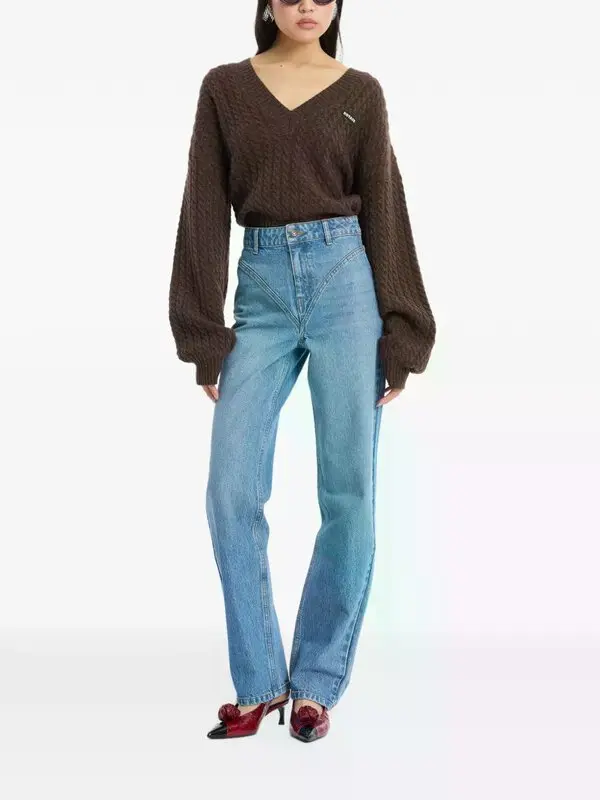 ROTATE BY BIRGER CHRISTENSEN Cable V-neck Sweater - Brown