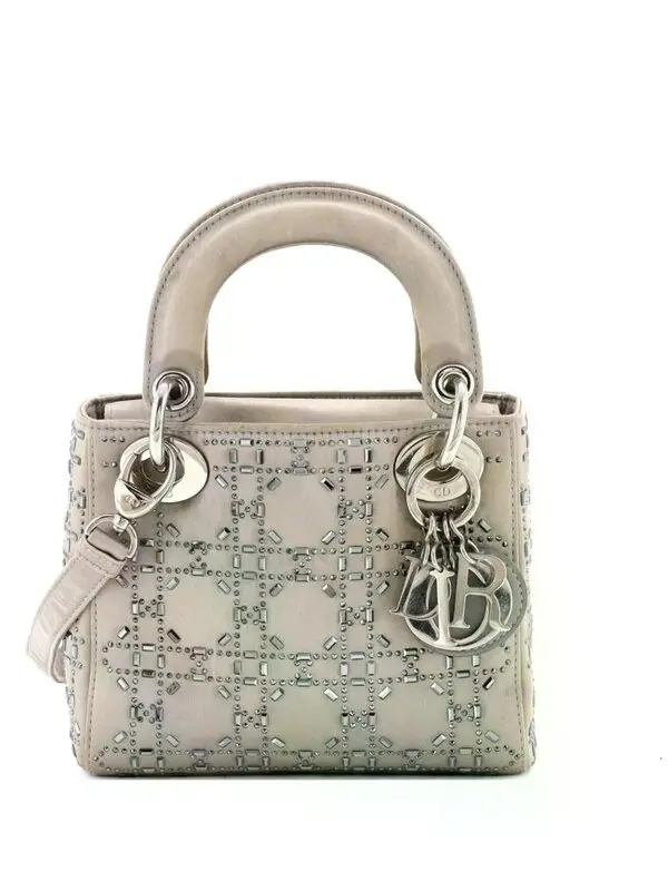 Dior Lady Bag Crystal Embellished Cannage Quilt Satin Mini Satchel - Neutrals