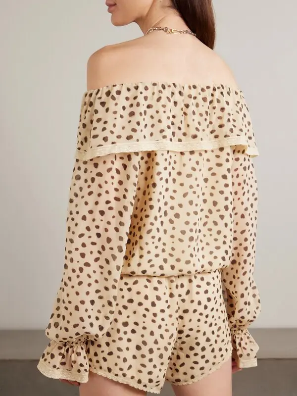 Posse Priscilla Off-the-shoulder Cheetah Print Silk Georgette Blouse With Lace Trim - Brown