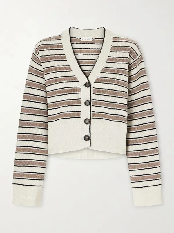 Brunello Cucinelli Striped Cotton-blend Cardigan - Beige