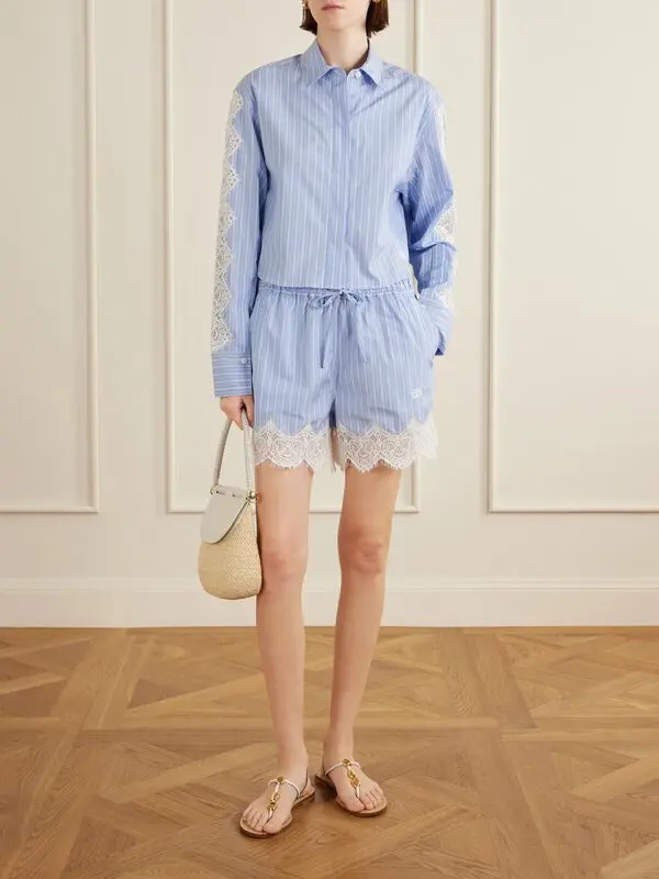 Simkhai Emmie Striped Lace Cotton Shorts - Blue