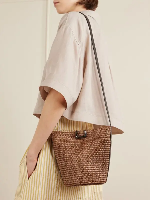 Brunello Cucinelli Raffia Bucket Bag With Leather Trim - Brown