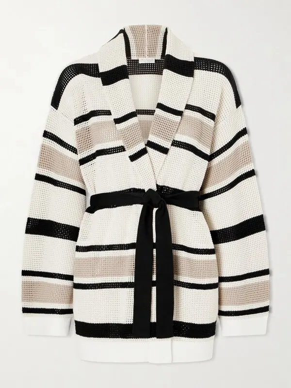 Brunello Cucinelli Striped Open-knit Belted Cardigan - Multi