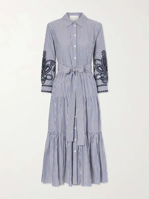 Carolina Herrera Belted Tiered Embroidered Striped Cotton-poplin Midi Dress - Blue