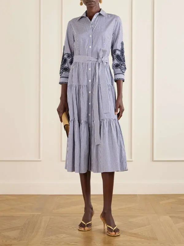 Carolina Herrera Belted Tiered Embroidered Striped Cotton-poplin Midi Dress - Blue