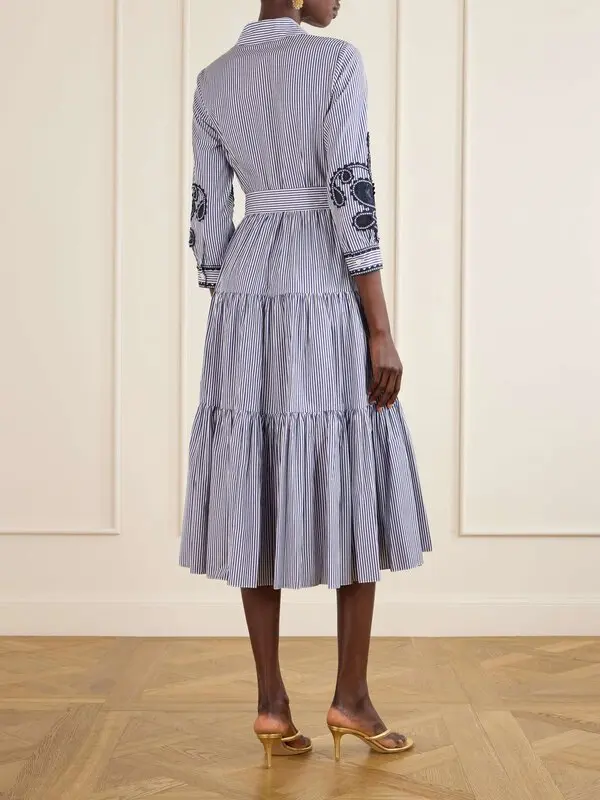 Carolina Herrera Belted Tiered Embroidered Striped Cotton-poplin Midi Dress - Blue