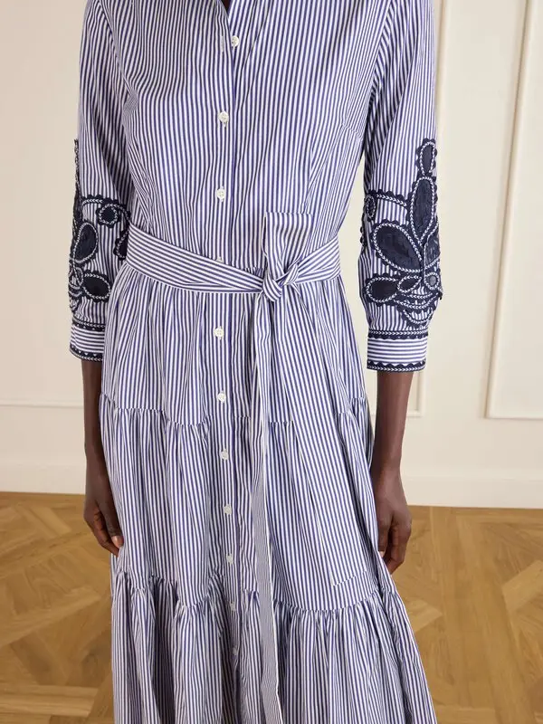 Carolina Herrera Belted Tiered Embroidered Striped Cotton-poplin Midi Dress - Blue