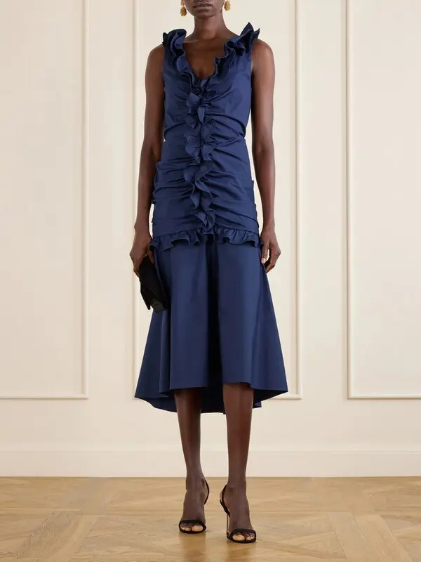 Carolina Herrera Ruched Ruffled Cotton-blend Midi Dress