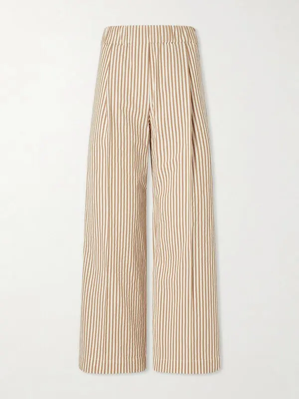 Brunello Cucinelli Cropped Pleated Striped Cotton-blend Wide-leg Pants - Neutrals
