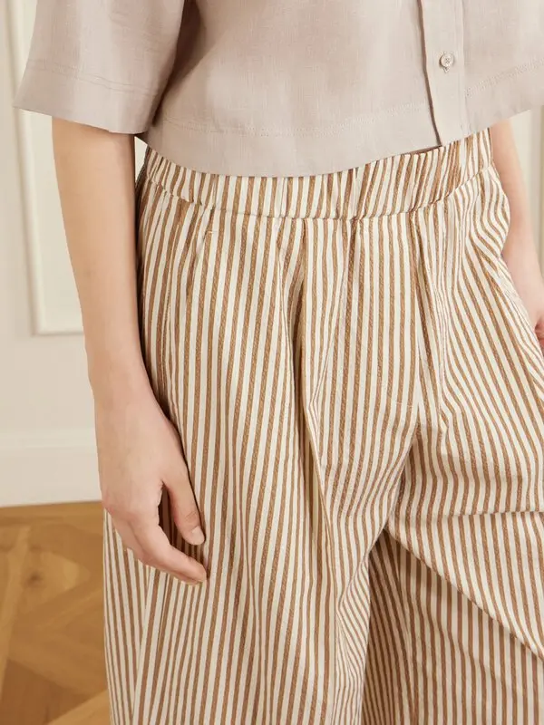 Brunello Cucinelli Cropped Pleated Striped Cotton-blend Wide-leg Pants - Neutrals