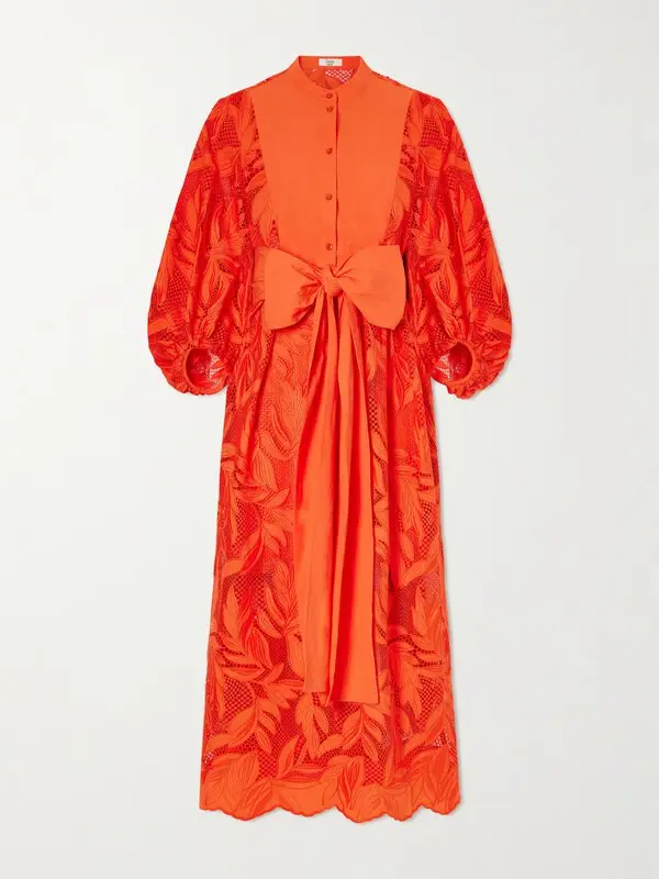 Erdem Bow-detailed Embroidered Poplin And Lace Midi Dress - Orange