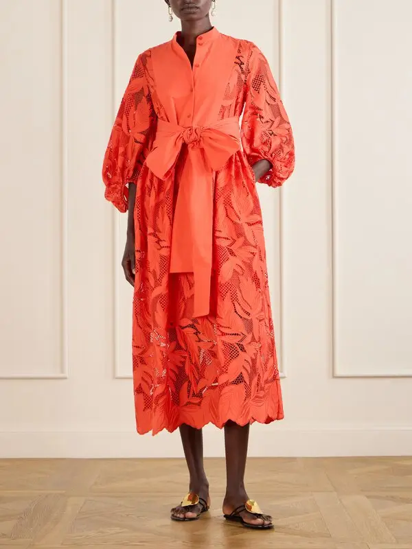 Erdem Bow-detailed Embroidered Poplin And Lace Midi Dress - Orange