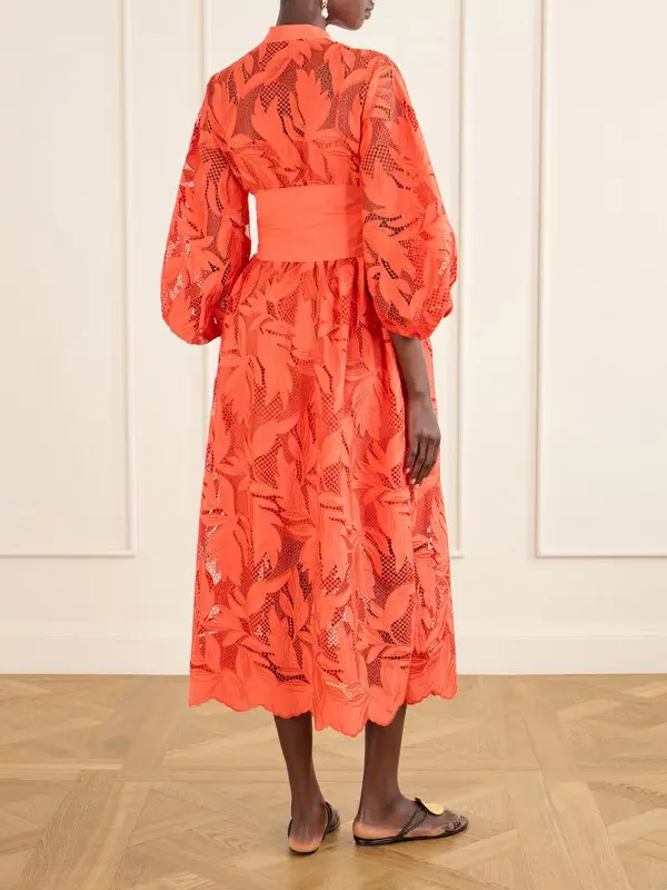 erdem orange dress Bow-detailed Embroidered Poplin And Lace Midi Dress