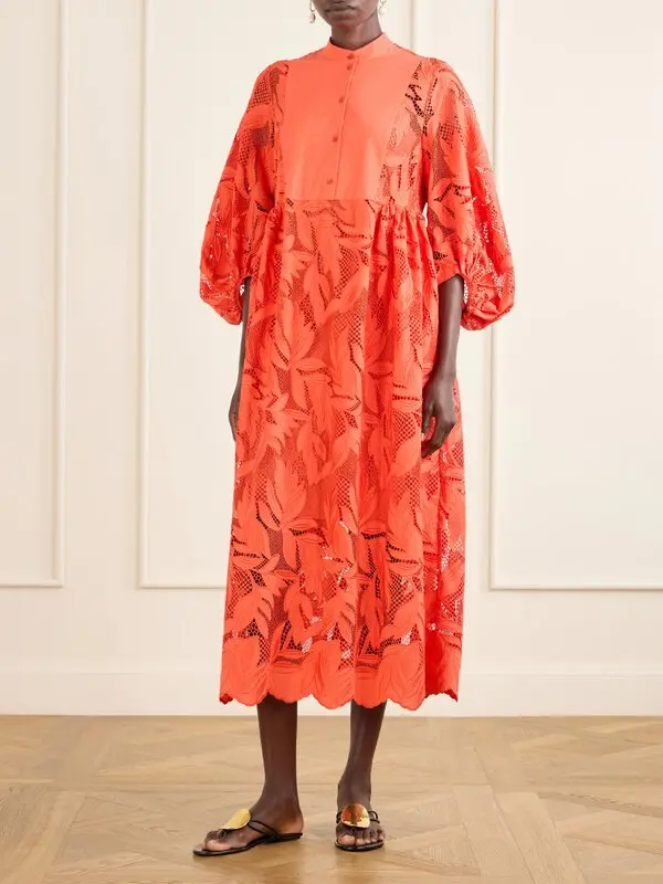 Erdem Bow-detailed Embroidered Poplin And Lace Midi Dress - Orange