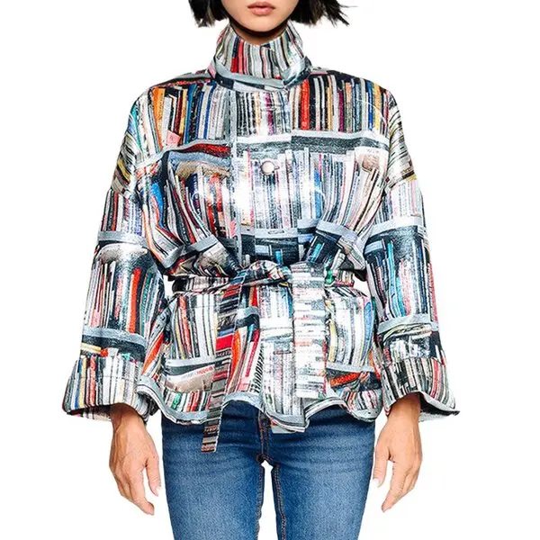 MAXJENNY Sculptural Jacket With Metallic Print And Stand-up Collar - Grey