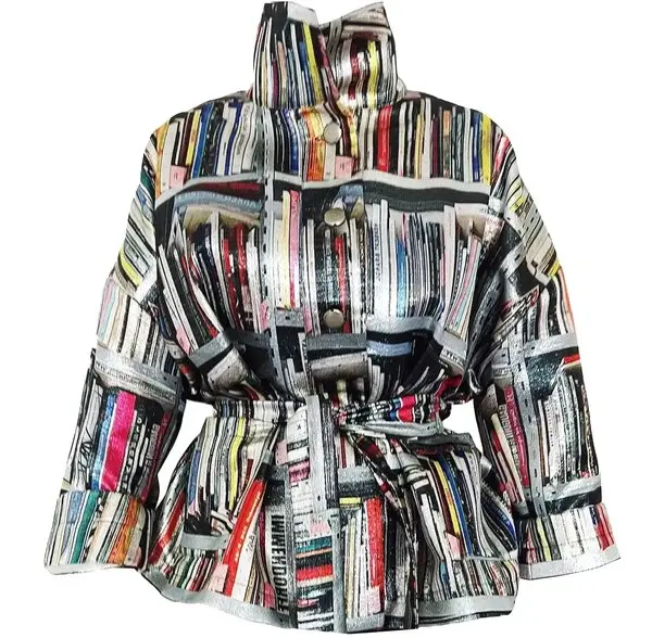 MAXJENNY Square Boxy Jacket With Bookshelf Print And Metallic Finish - Yellow