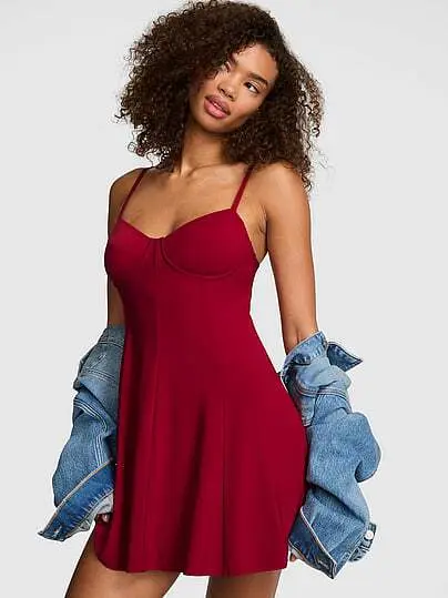 Pink Stretchy Knit Corset Mini Dress - Red