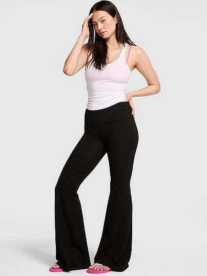 Pink All-day Cotton Foldover Super Flare Leggings - Black