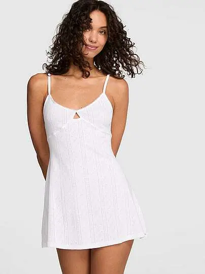 Pink Pointelle Charm Slip Dress - White,ivory