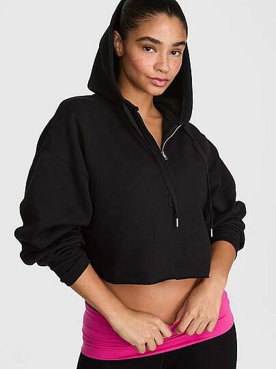 Pink Campus Fleece Cropped Half-zip Hoodie - Black