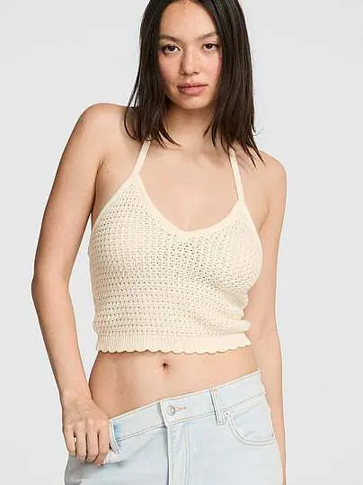 Pink Crochet Halter Tank Top - Beige