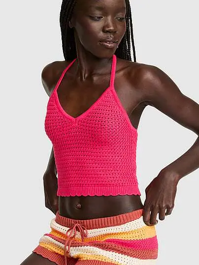 Pink Crochet Halter Tank Top - Pink