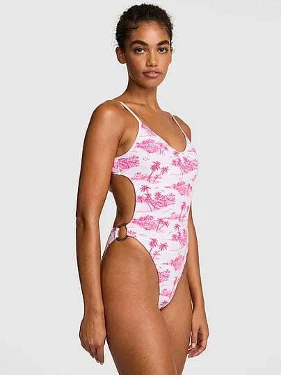 Pink One-piece Swimsuit With Ring Detail And Open Back - Print